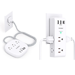 One Beat Flat Plug Power Strip + Rotating Plug Surge Protector, Multi Plug Outlet with USB and USB C Ports