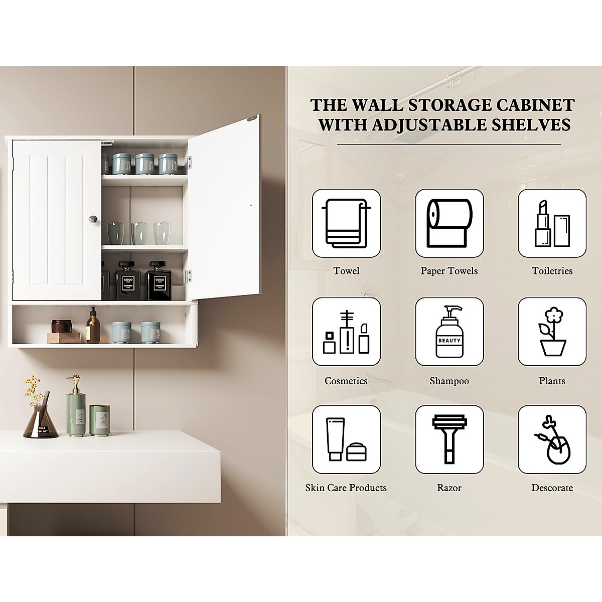 IANUE Bathroom Cabinet - Over The Toilet Storage Cabinet White Medicine Cabinet, Bathroom Wall Cabinet with 2 Doors and Adjustable Shelves, Small Wall Mounted Cabinet for Bathroom, Kitchen, Laundry