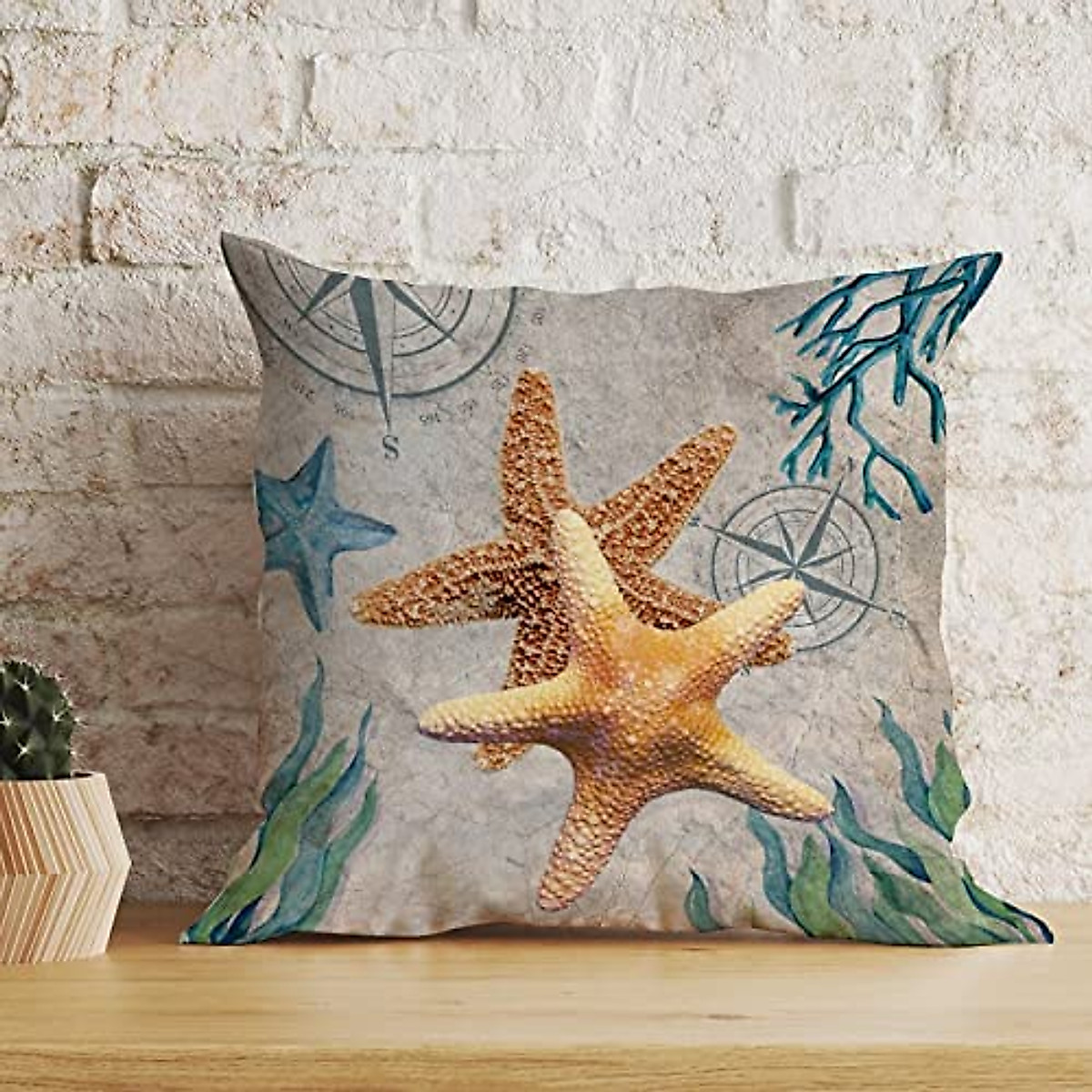Vintage Beach Sea Life Starfish Throw Pillow Cushion with Zippe Nautical Sofa Pillows Sea Turtle Sea Life Farmhouse Throw Pillow Case for Sofa Living Room White Linen 22x22in Housewarming Gift