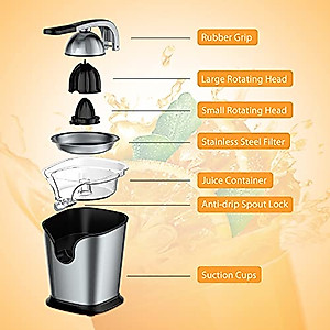 Ainclte Electric Citrus Juicer Squeezer Stainless Steel 150 Watts of Power for Orange Lemon Lime Grapefruit Juice with Soft Rubber Grip, Filter and Anti-drip Spout Lock - Black, Black/Stainless Steel