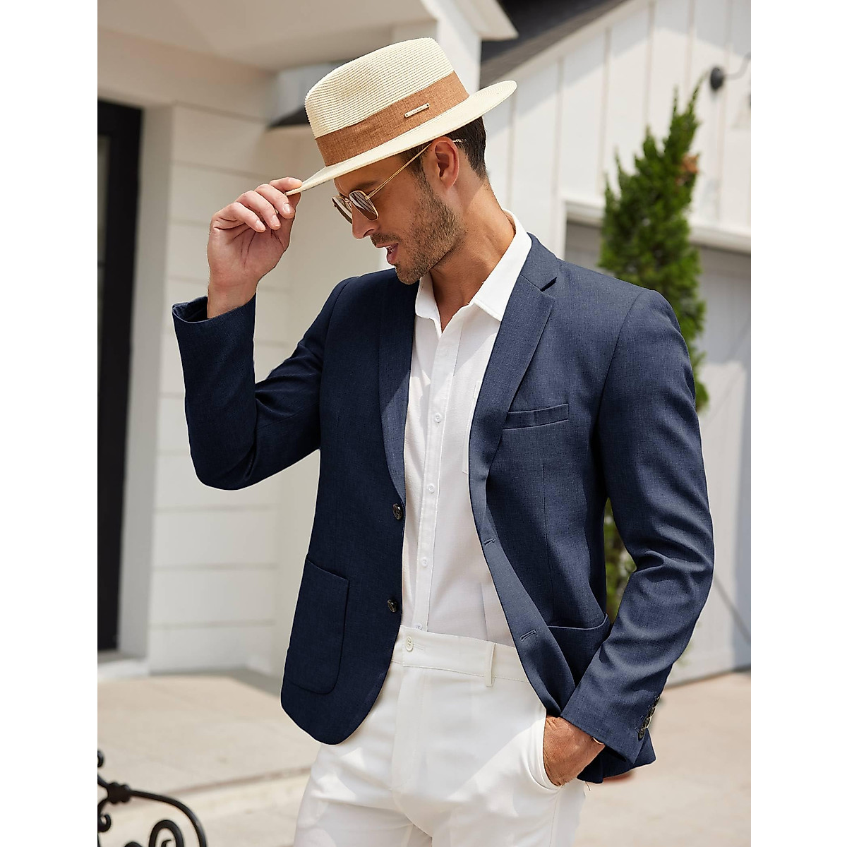 COOFANDY Sacos para Hombre De Vestir Casual Notch Lapel CJacket Linen Slim Fit Sportcoat Navy Blue