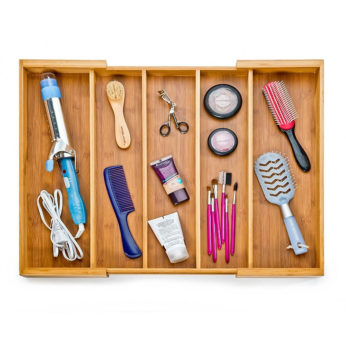 Seville Classics Bamboo Premium Organizer Storage Bins for Kitchen Silverware, Pantry, Closet, Office Desk, Pens, Utensils, Makeup, K Cup, Bamboo, Expandable Tray (5 Compartment)