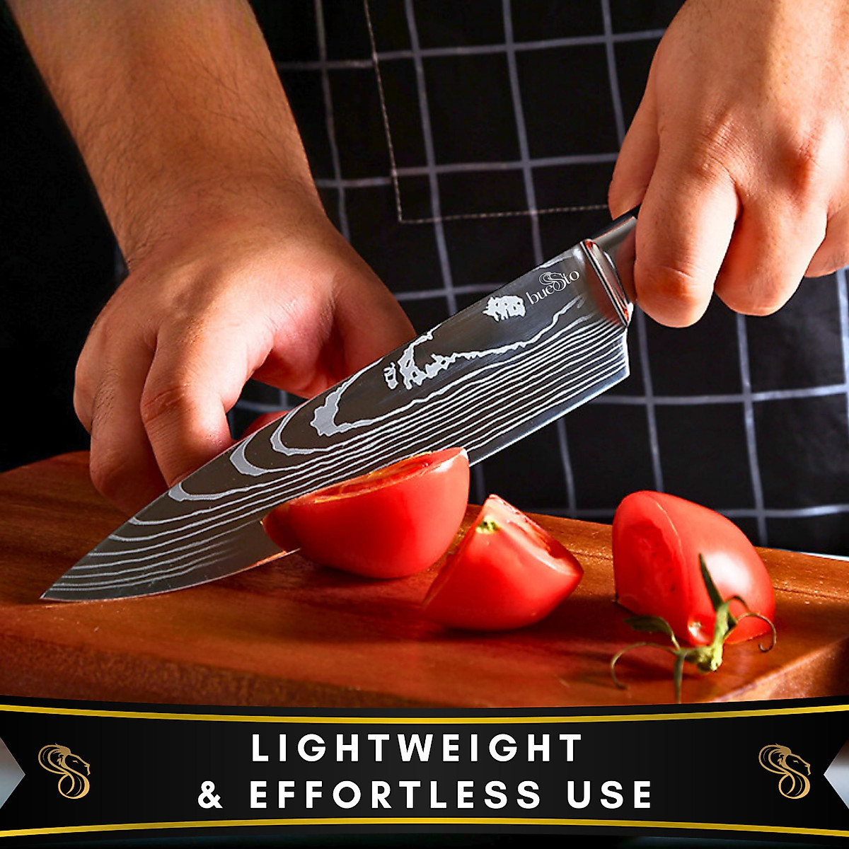 BUESTO Professional Chef Knife - 7cr17mov HC Japanese Knife - 8'' Kitchen Knife - Chefs Knife with Knife Sharpener - Ergonomic Handle Sharp Knife - Unique Gifts for Men and Women - Premium Gift Box