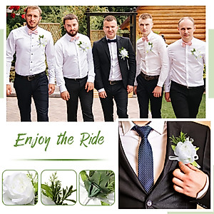 Jexine 12 Pcs Rose Wrist Corsage Wristlet Band Bracelet and Men Boutonniere Set White Flower Corsage Wrist Flowers and Boutonniere Buttonholes for Wedding Flowers Accessories Decor