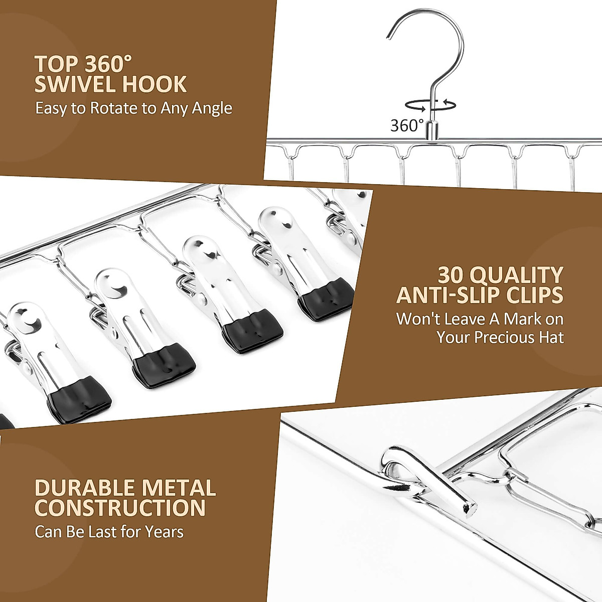 ZEDODIER Hat Hanger Hat Rack for Baseball Caps, Hat Organizer for Closet with 30 Hooks, Space Saving Hat Holder Closet Organizers and Storage, Silver