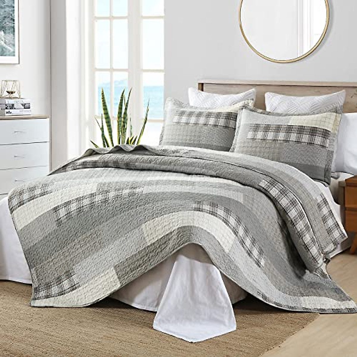 KALOOLA Grey Quilts Queen Size, 100% Cotton Queen Quilt Bedding Set, Farmhouse Rustic Striped Bedspreads, Lightweight Coverlet for All Seasons, 3 Pieces