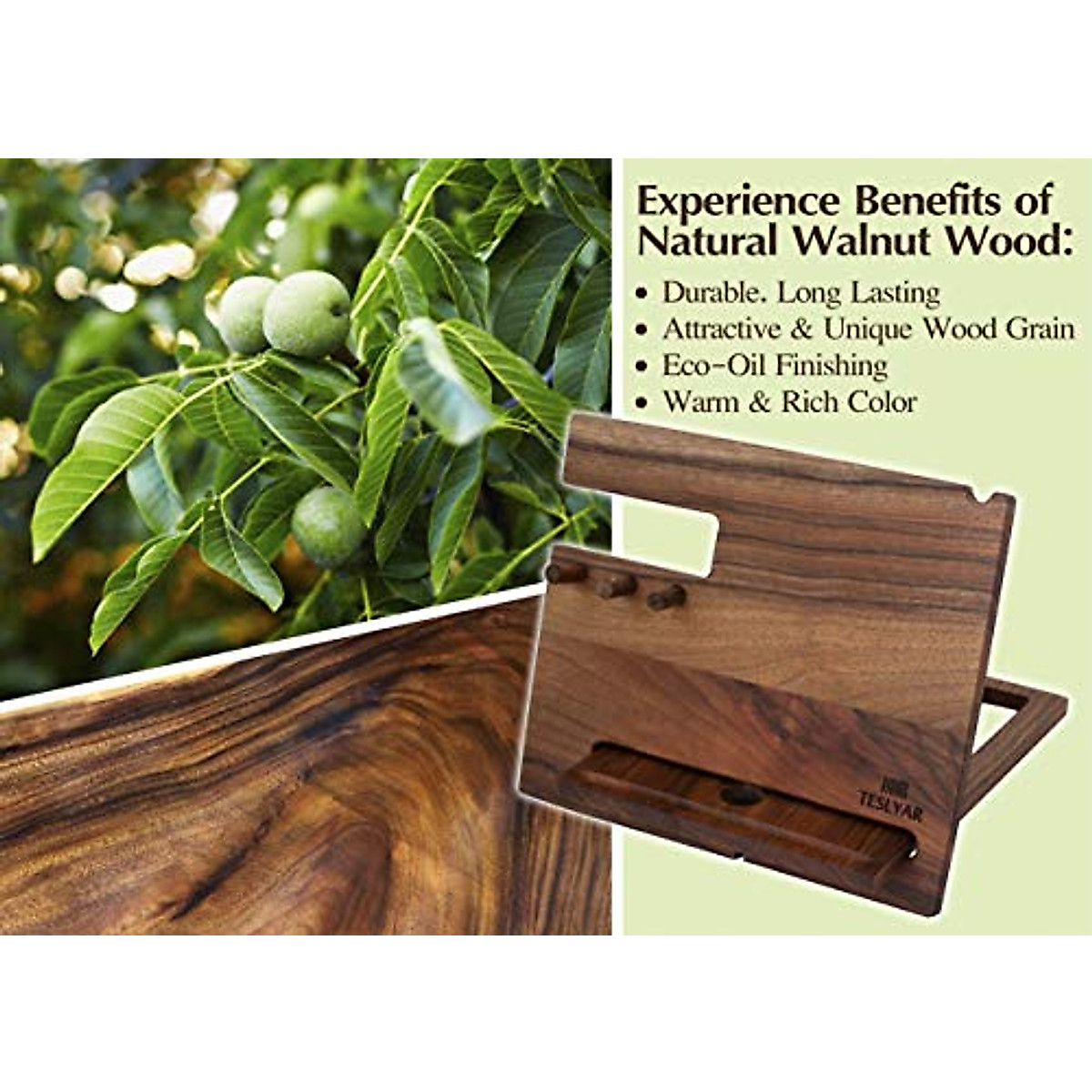 TESLYAR Natural Walnut Wood Phone Docking Station Hooks Key Holder Wallet Stand Watch Organizer Men Husband Anniversary Birthday Nightstand Purse Father Graduation Male Idea Gadgets Solid