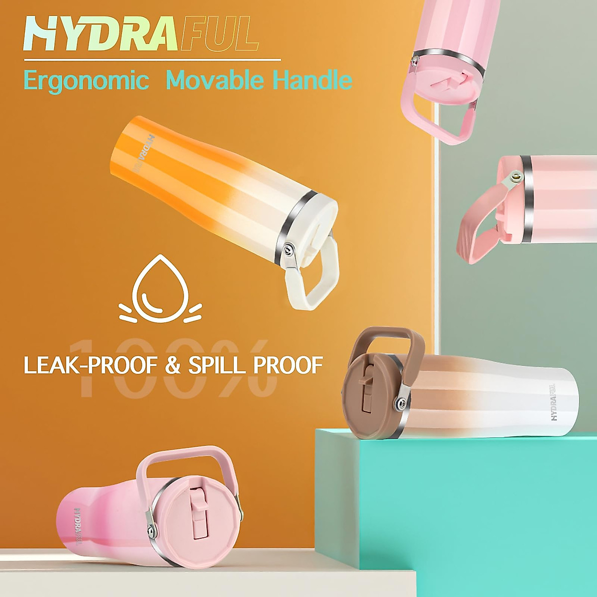 Hydraful 40 oz Tumbler with handle flip straw,Leak Proof Vacuum Insulated Cup Water Bottle Fit in Cup holder for Home,Outdoors,Insulated Stainless Steel Travel Coffee Mug,Keep ice Cold for 34 Hours