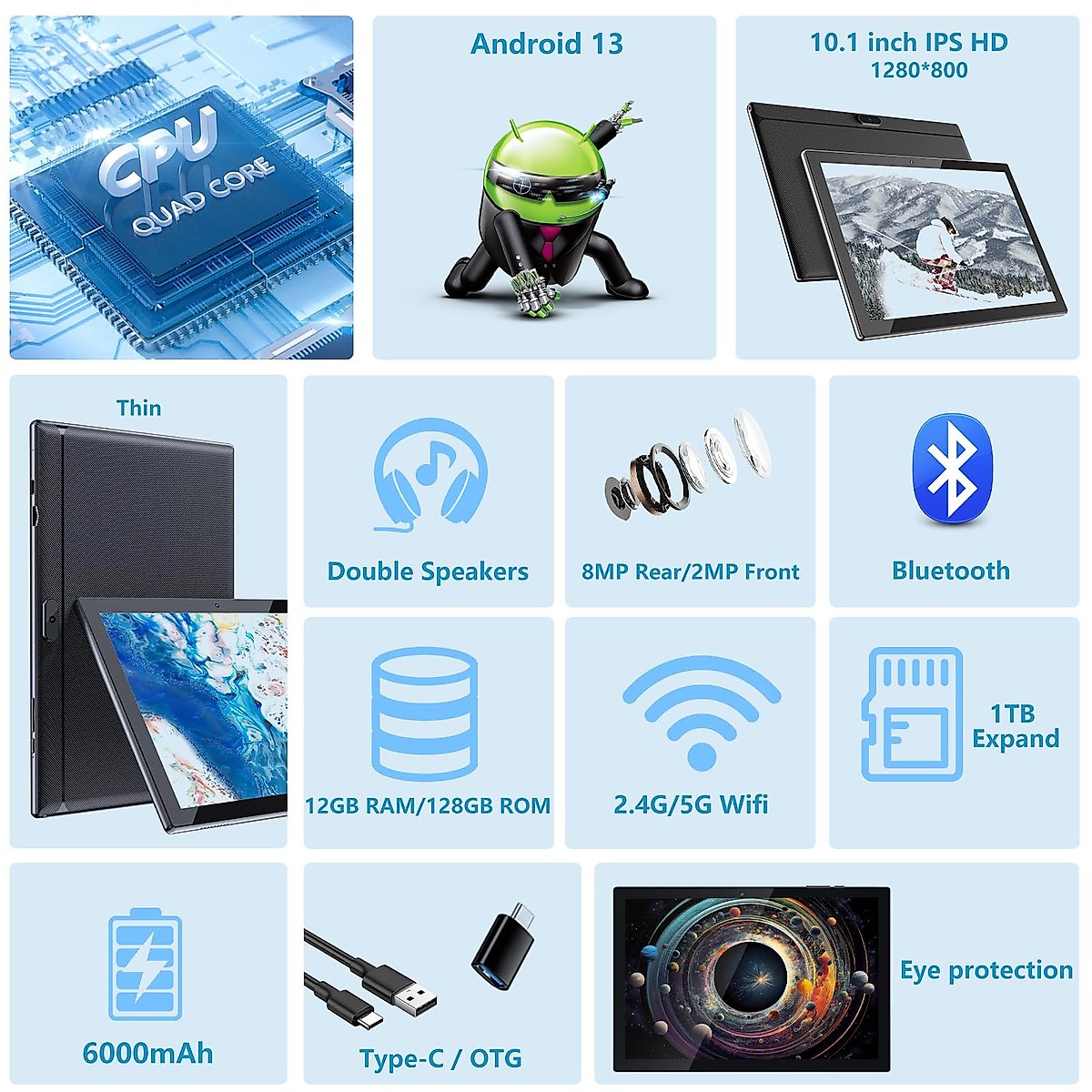 Newest 2024 Android 13 Tablet, 10.1 inch 2 in 1 Tablet with Octa-core Processor, 12GB RAM+128GB+1TB Expand, Long Lasting Battery, 2.4G/5G WiFi 6, Bluetooth 5.0, Dual Camera, Play GMS Certified