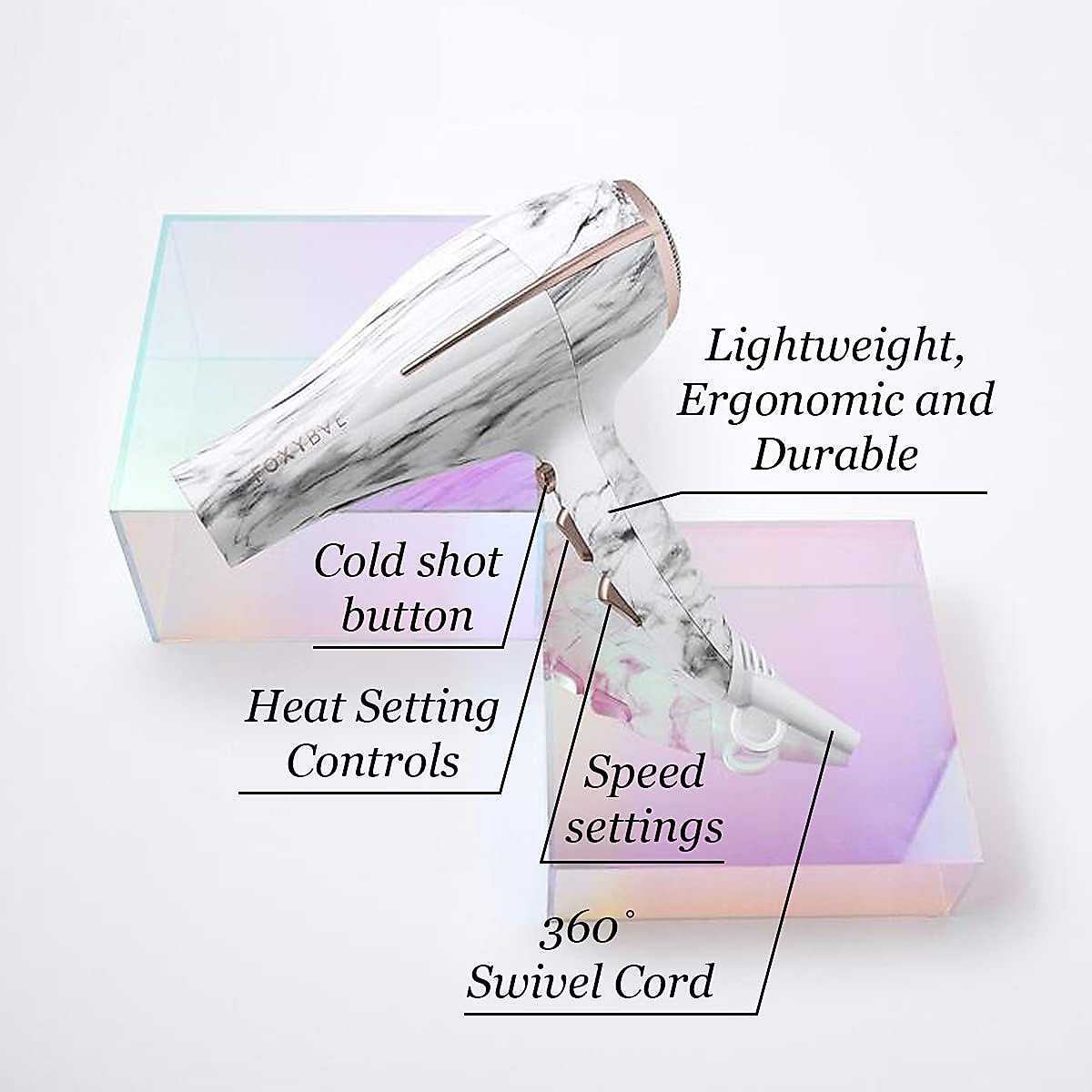 Foxybae Professional Hair Dryer | Powerful Ceramic Tourmaline Blow Dryer | Salon-Grade Hairdryer Motor | Hair Styling Tools for Straight & Curly Hair, 2 Heat Settings | White Marble Rose Gold