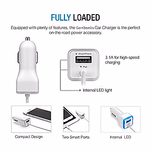 GEMBONICS Apple Certified iPhone Lightning Car Charger for iPhone 12, 11, X, XR, XS, 8, 8 Plus, 7, 7 Plus, 6S, 6S Plus, 6 Plus, SE, 5S, iPad Pro, Air 2, Mini 4 with Extra USB Port (White)
