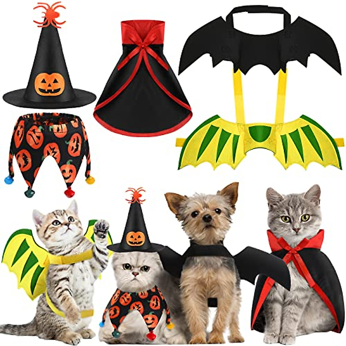 Halloween 5 Pieces Pet Costume Cat Dogs Cosplay Clothes Vampire Cloak Bat Pumpkin Hat Bib with Bells Bat Wings Dinosaur Dragon Wing Cat Collar Small Kitty Puppy Outfits for Halloween Party Pet Cosplay