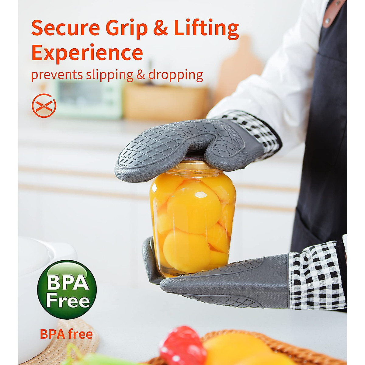 Silicone Oven Mitts and Pot Holders Sets - Ankway Heat Resistant Kitchen Mitts with Waterproof, Flexible Oven Gloves with Quilted Liner for Kitchen Cooking Baking Grilling, Dishwasher Safe, Gift Pack