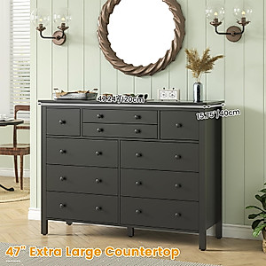 10 Drawer Large Black Dresser for Bedroom, 47.2" Long Chest of Drawers with Deep Drawers, Modern Wooden Storage Dresser for Closet, 36.2" Tall Dresser TV Stand for Living Room, Hallway, Entryway
