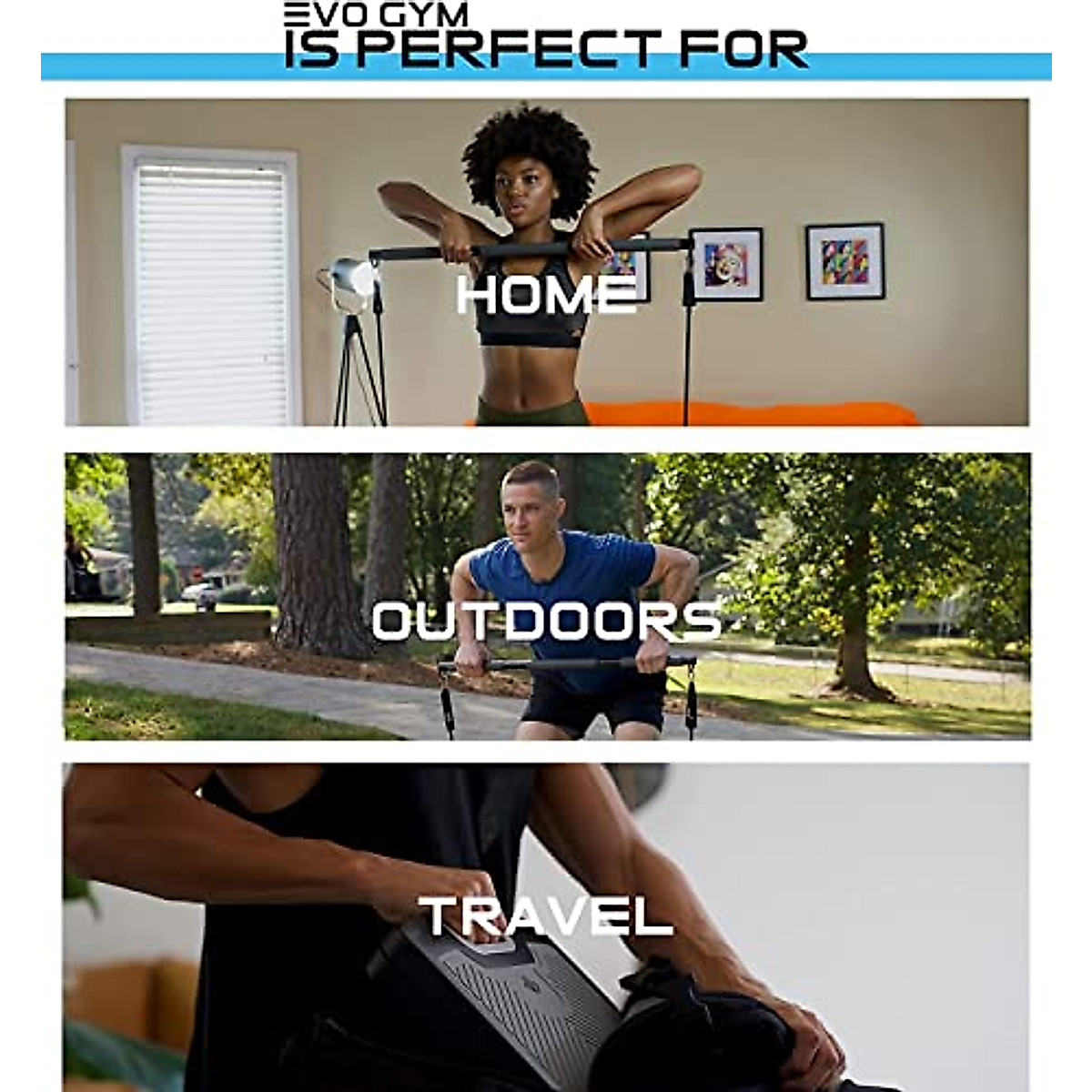 EVO Gym - Portable Home Gym Strength Training Equipment, At Home Gym | All in One Gym - 6 Resistance Bands, Base Holds Gym Bar & Handles for Travel | Portable Gym & Home Exercise Equipment | 120LBS