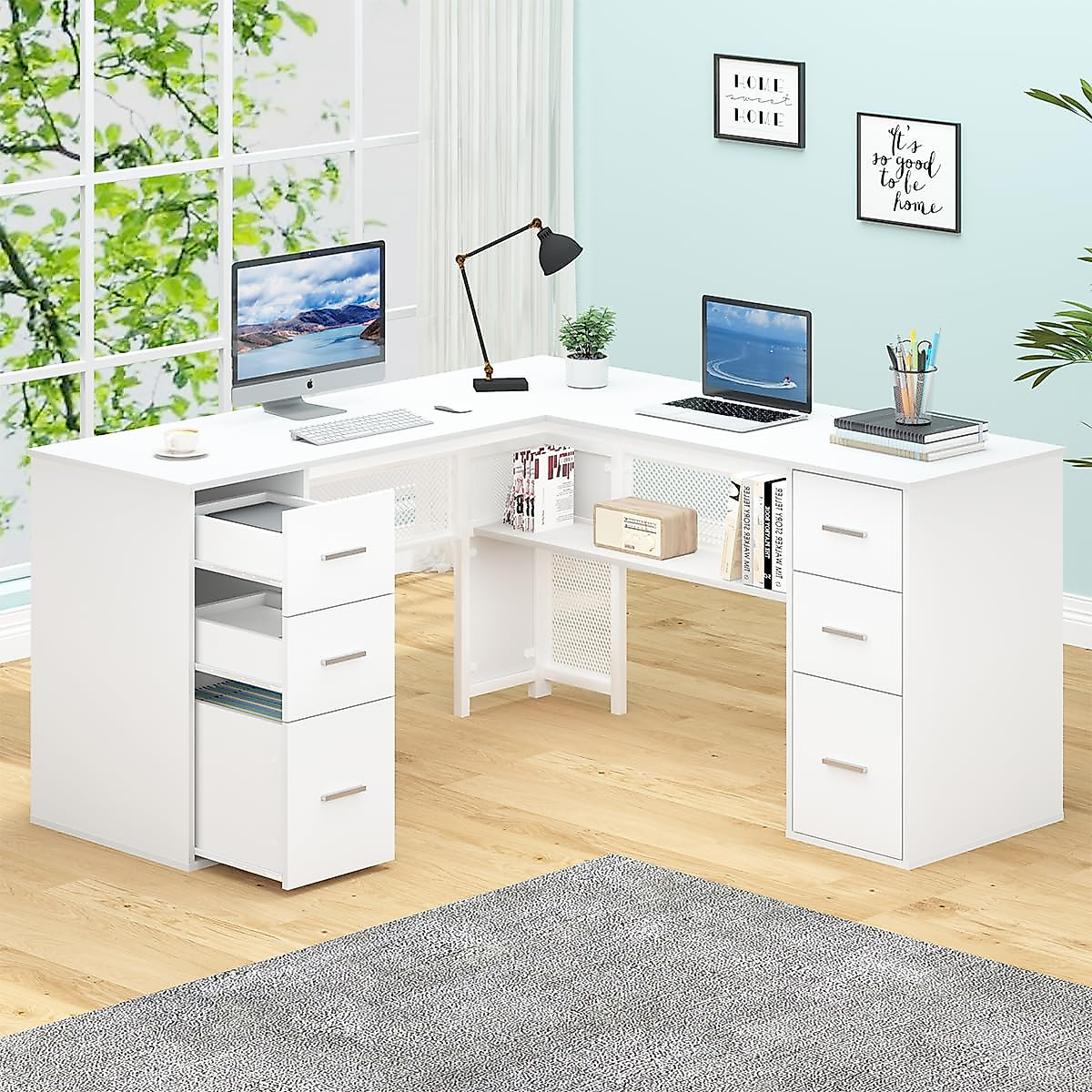 HSH White L Shaped Desk with Drawers Shelves, Large Home Office Corner Computer Desk with Storage File Cabinet, Modern Metal Wood Desk for Executive Writing Study Workstation, 59 Inch Bedroom Table