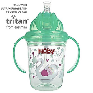 Nuby No Spill Flip N Sip 2 Handle Tritan 360 Weighted Straw Glitter Print - 8oz/ 240 Ml/ 12 M+, Colors Vary: Blue Space, Red Dinosaur, Pink Fox, Green Swan