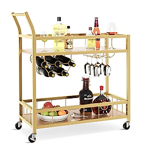 JUMMICO Bar Cart Industrial Home Mobile Wine Cart Serving Bar Cart on Wheels with Storage Shelves Wine Rack and Glass Holder for Living Room, Kitchen, Corridor, Hallway,Gold