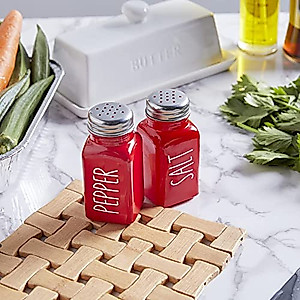Red Salt and Pepper Shakers Set - Red Farmhouse Kitchen Decor and Accessories - Cute Glass Salt Shaker for Kitchen and Table