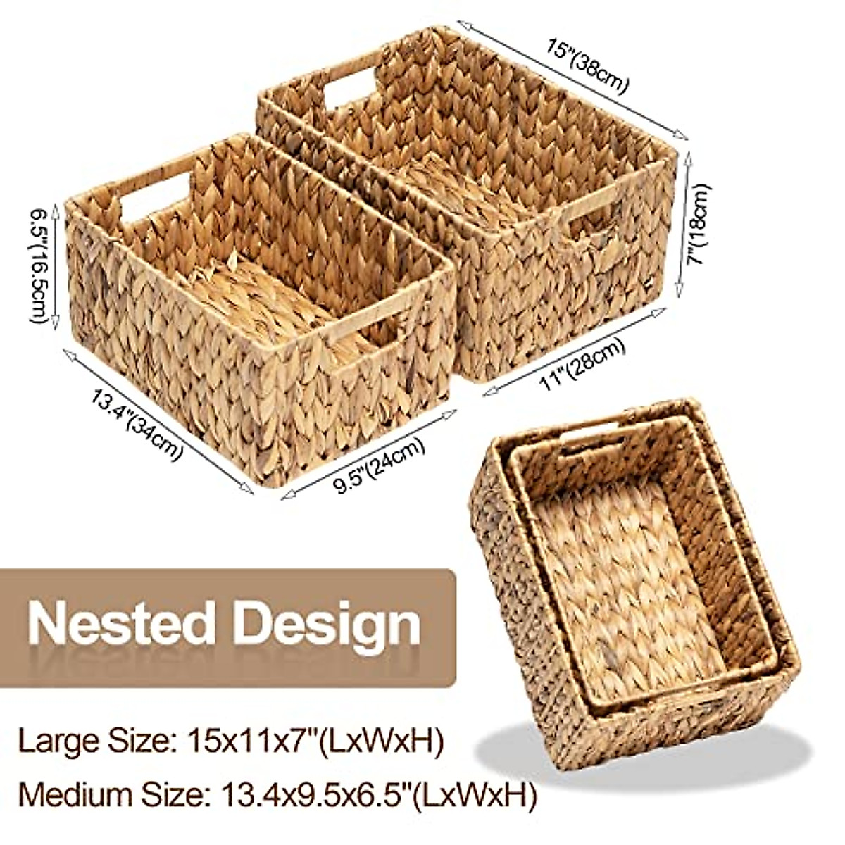 FairyHaus Wicker Baskets 15x11x7" & 13.4x9.5x6.5", 2 Pack Handmade Big Wicker Storage Basket with Handles, Natural Water Hyacinth Wicker Baskets for Storage Shelves Organizing, Rectangle Wicker Basket