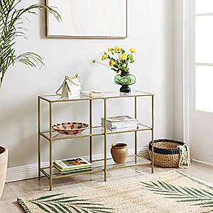 VASAGLE Modern 4-Tier Shelving Unit and 3-Tier Console Table Bundle, Modern Shelves with Tempered Glass, for Living Room, Entryway, Golden ULGT27G and ULGT28G