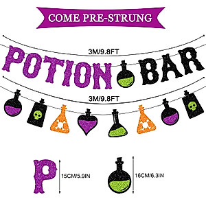 JOZON Glittery Potion Bar Banner with Potion Signs Halloween Hocus Pocus Witches Garland Banner Halloween Holiday Haunted House Party Decorations for Bar Mantle Fireplace Wall Party Supplies