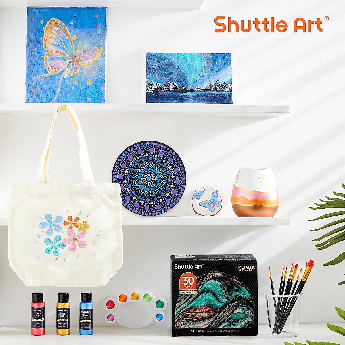 Shuttle Art 30 Colors Metallic Acrylic Paint, Metallic Acrylic Paint with 10 Brushes and 1 Palette, 60ml/2oz, Rich Pigments, Non-Toxic Art Paint for Artists, Beginners on Rocks Canvas Wood Fabric