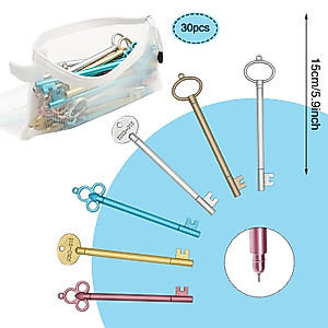 30 Pieces Cute Key Shape Pen Vintage Key Gel Ink Pens Mini Fancy Novelty Pens Retro Black Fine Ballpoint Point Pen with Mesh Pencil Bag Zipper Pouch for Office Stationary School Party Supplies