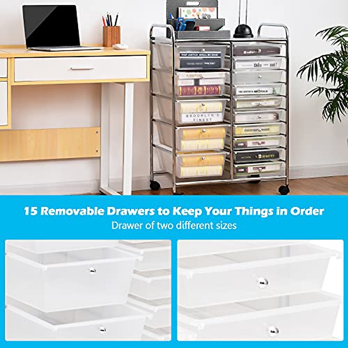 KOTEK 15-Drawer Rolling Storage Cart, Multipurpose Mobile Utility Cart with 4 Wheels, Home Office School Tools Scrapbook Paper Organizer (Clear)