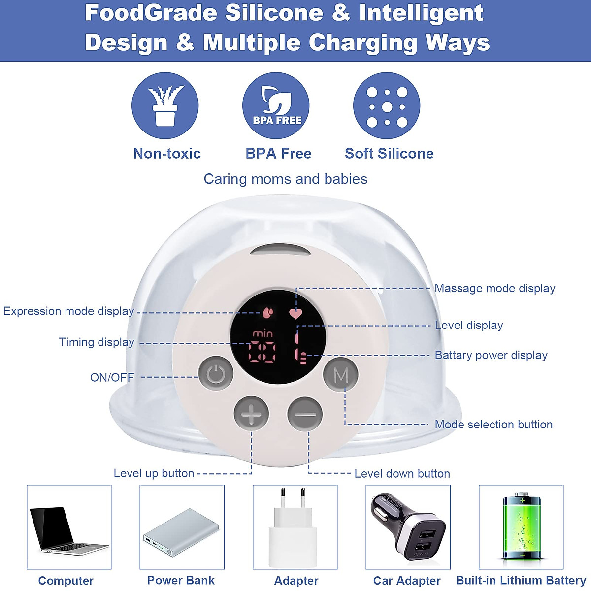 Bemawe Wearable Breast Pump, Electric Breast Pump Hands Free Wireless Breast Pump Portable Breastfeeding Pump Low Noise Painless Breast Milk Pump, LCD Display, 2 Modes & 9 Levels, S12, 24mm Flange