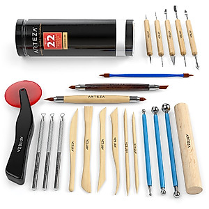 ARTEZA Pottery Tools & Clay Sculpting Tools, Set of 22 Pieces in PET Storage Tube, for Clay, Pottery, Ceramics Artwork & Holiday Crafts