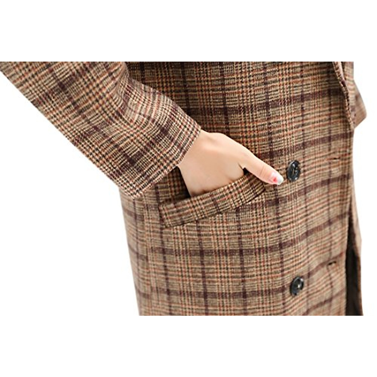 Tanming Women's Double Breasted Long Plaid Wool Blend Pea Coat Outerwear (Brown-M)