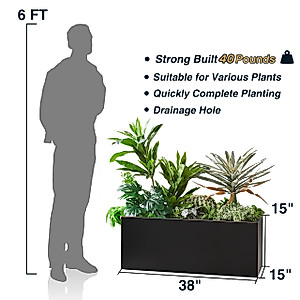 Wallowa Metallic Heavy Long and Large Outdoor/Indoor Planter, Rectangular Trough Planter Box, 38”Lx15”Wx15”H, 40Pounds, Black with Hand Brushed Gold Edge, No Assemble and Seamless