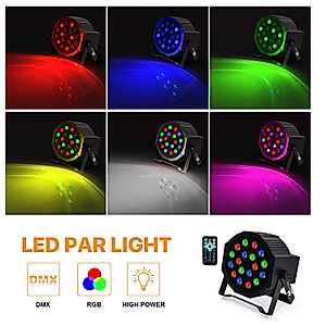 Missyee 18 RGB LED DJ Stage Uplight -DMX Control Sound Activated with Remote Control and 7 Modes LED for Wedding, Events, Christmas and Halloween Music Disco Party -R&D in USA -4 Pack