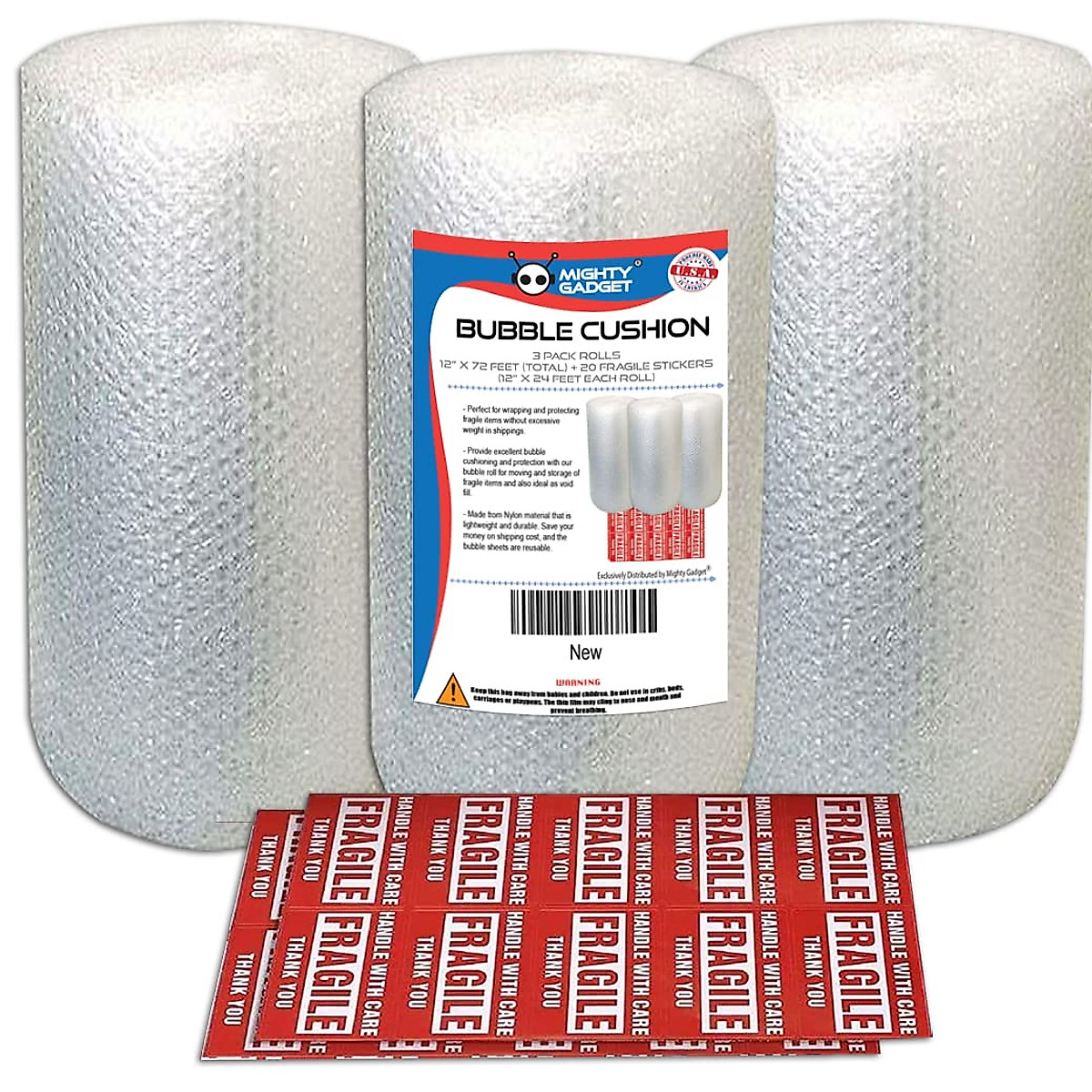 3 Pack Mighty Gadget Bubble Cushioning Wrap Rolls, Air Bubble, 12 Inch x 72 Feet Total, Perforated Every 12", 20 Bonus Fragile Stickers Included