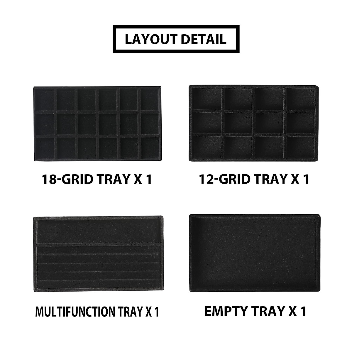 Frebeauty Jewelry Organizer Tray,Stackable Velvet Jewelry Trays,Drawer Inserts Earring Organizer For Women Jewelry Storage Display Case for Rings Stud Necklaces,Set of 4(Black)