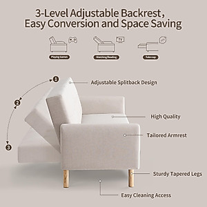 Hcore Convertible Futon Bed Couch, 79" Inch Linen Fabric Memory Foam Mid Century Modern Sleeper Armrest, Small Splitback Loveseat Sofa Cama Sofabed, Beige