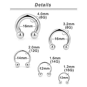Ocptiy 6G 8G 12G 14G 16G Ear Earrings Gauges Septum Plugs Tunnels Stretching Kit Surgical Stainless Steel Horseshoe Eyebrow Lip Belly Nipple Ring Cartilage Helix Tragus Earrings Piercing Kit