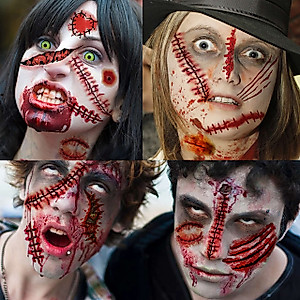 VANTATY 215+ PCS 30 Sheets 3D Fake Scars Tattoo Temporary Halloween Makeup Kit, Fake Stitches Tattoos Cut Scary Face Wound Blood Chucky Scars Tatoos For Kids Women Men Boys Girls Zombie Sticker