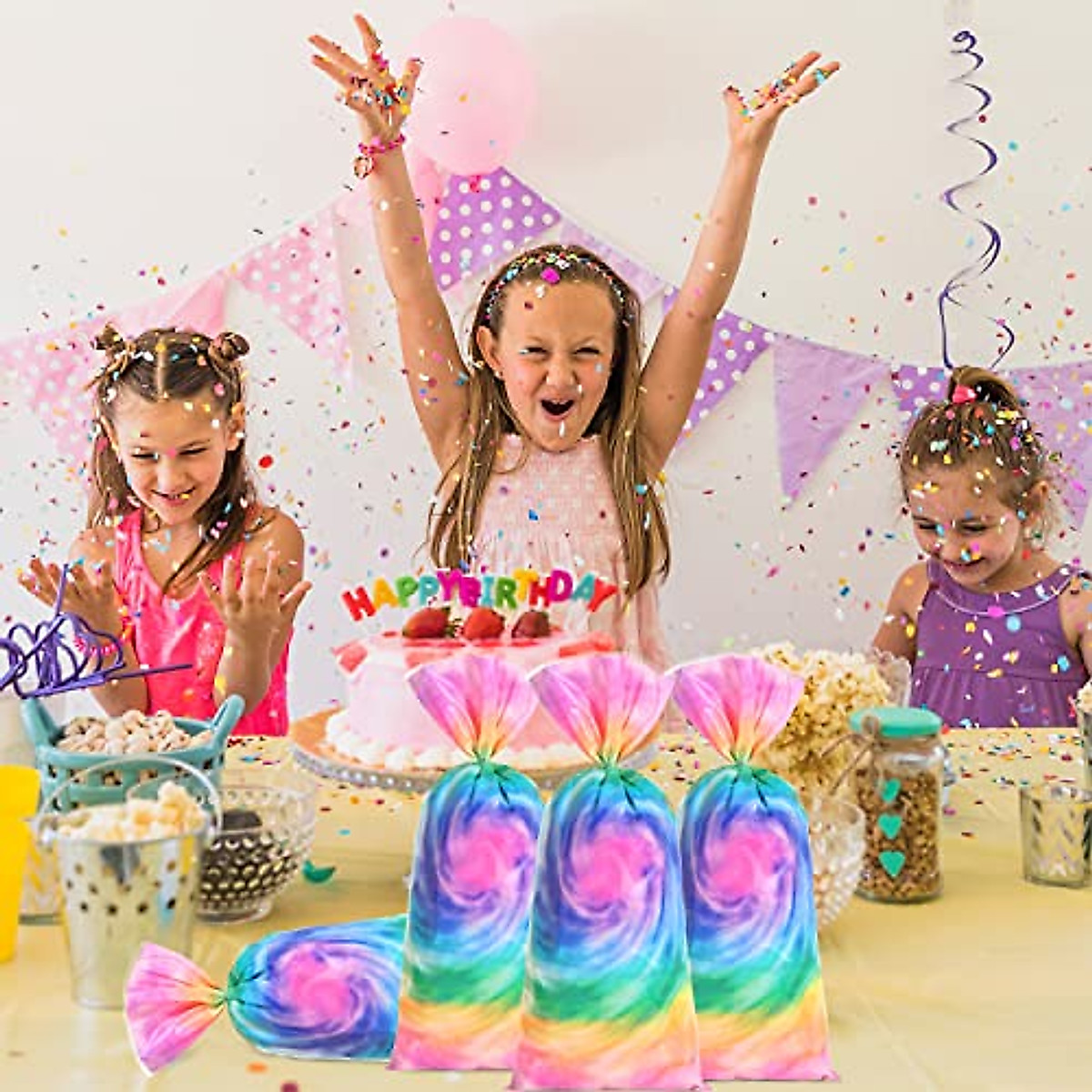 GITMIWS 100 Pieces Tie Dye Cellophane Bags, Rainbow Color Cellophane Goodie Bags for Birthday Treat Bags, Party Favor Bags for Kids, Tie Dye Party Supplies, Tie Dye Birthday Party Decorations
