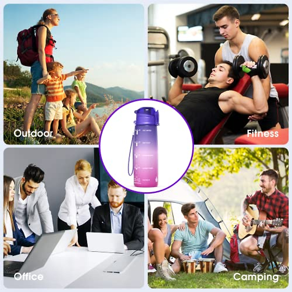 Y&3 32oz Motivational Fitness Sports Water Bottle With Time Marker, BPA Free Tritan Plastic, Leakproof Flip Top, For Gym, Outdoor, Office Work (Purple/Red Gradient, 32oz)
