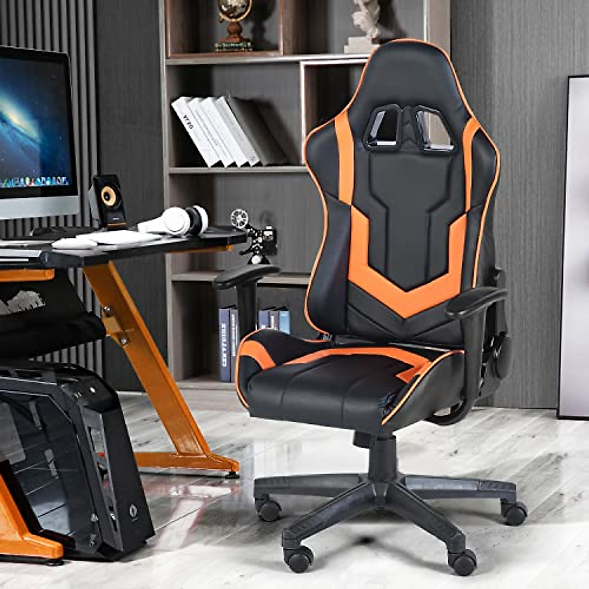 FurnitureR Reclinable Gaming Chair Ergonomic High Back Swivel Home Office Desk Seating Height Adjustable for PC Computer Writing and Working, Orange