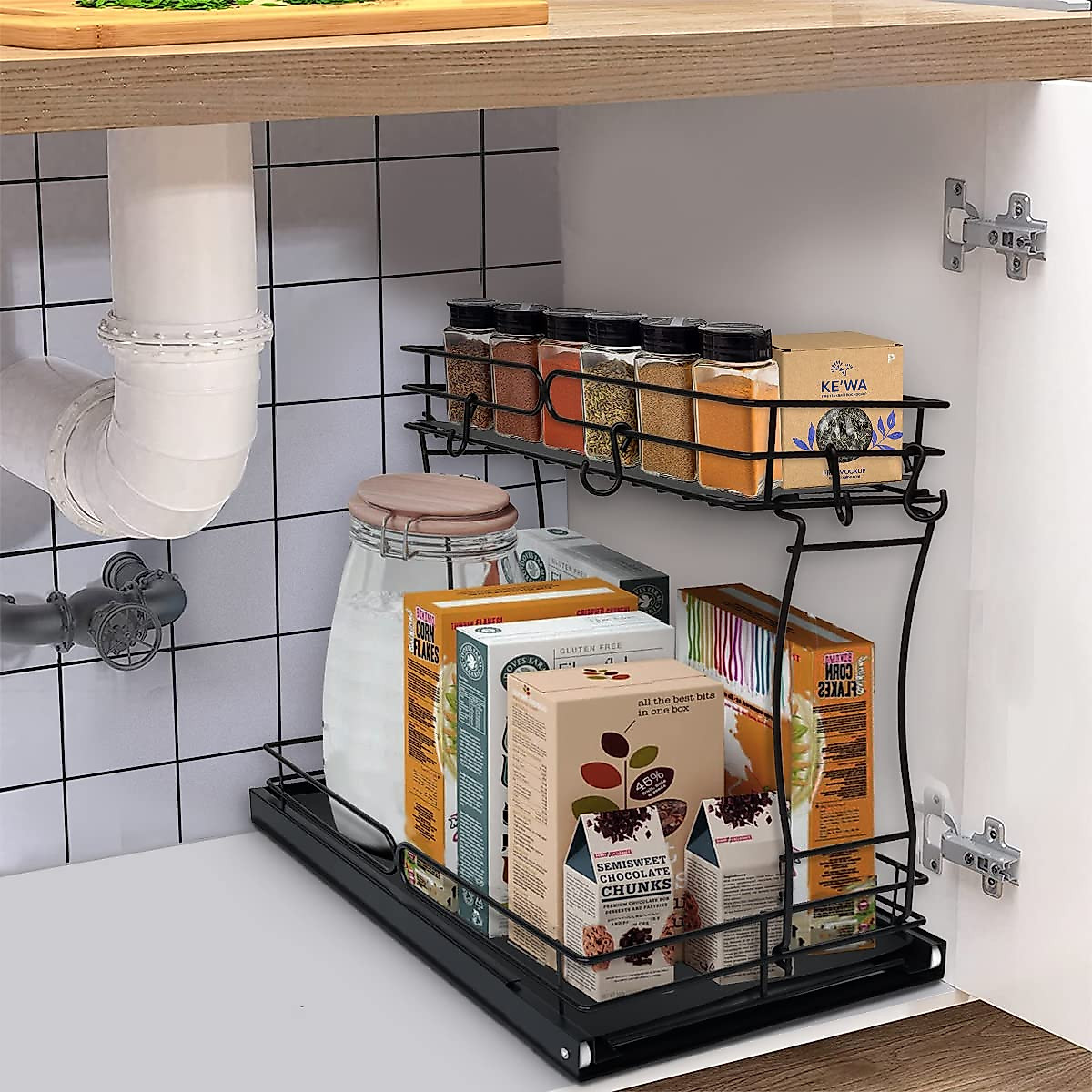 HANSILINA Pull Out Cabinet Organizer 2 Tier Under Sink Cabinet Organizer Storage Shelf with Sliding Storage Basket for Kitchen Bathroom Laundry Room, 10.6Wx14.5Dx13.6H-inch