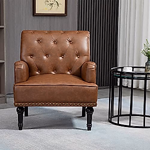 MOJAY Mid-Century PU Leather Accent Chair, Living Room Lounge Sofa Chair with Black Painted Rubber Wood Feet, Single Club Armchair with Rivet Trim for Bedroom Home Reception (Brown)