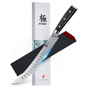 KYOKU 10" Scimitar Knife, Samurai Series Cimitar Breaking Knife with Pakkawood Handle, Japanese High Carbon Steel Butcher Knife, Full Tang Meat Slicing Knife for Roast Ham Poultry with Sheath and Case