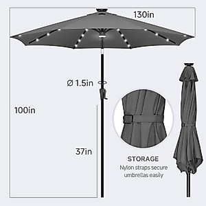 FLAME&SHADE 11 ft Solar Powered Outdoor Market Patio Table Umbrella with LED Lights and Tilt, Anthracite