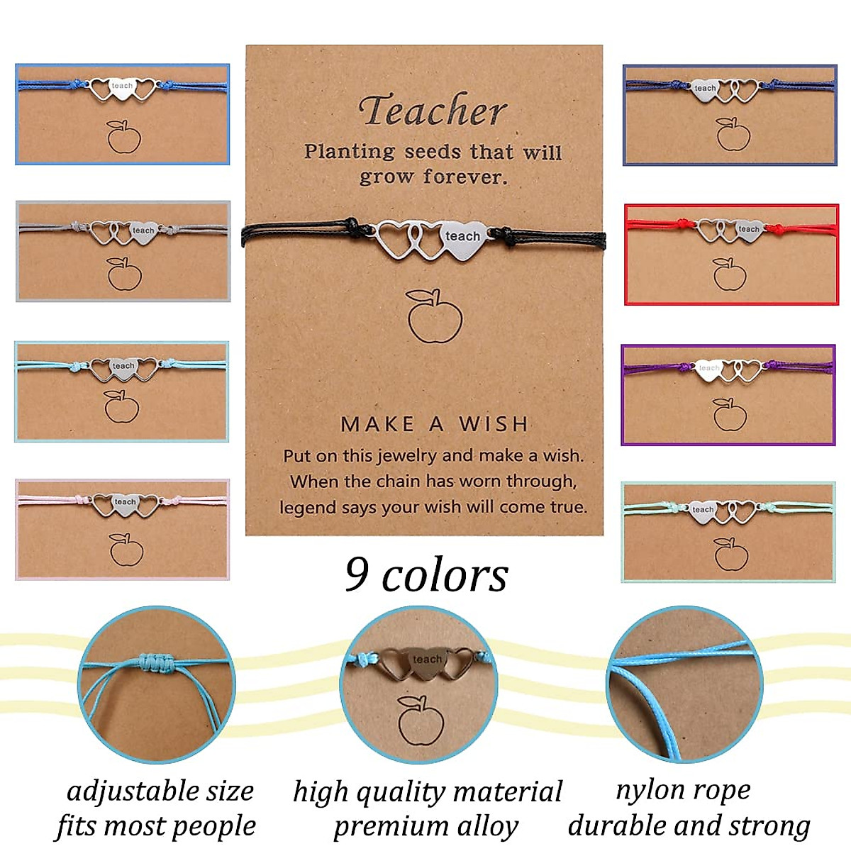 BOMAIL 8-9 Teacher Blessing Card Bracelets for Women Men Adjustable Teaching Wish Bracelets Gifts for Teacher Thank You Appreciation Gifts for Graduation,Birthday, Teacher's Day Gift (C)