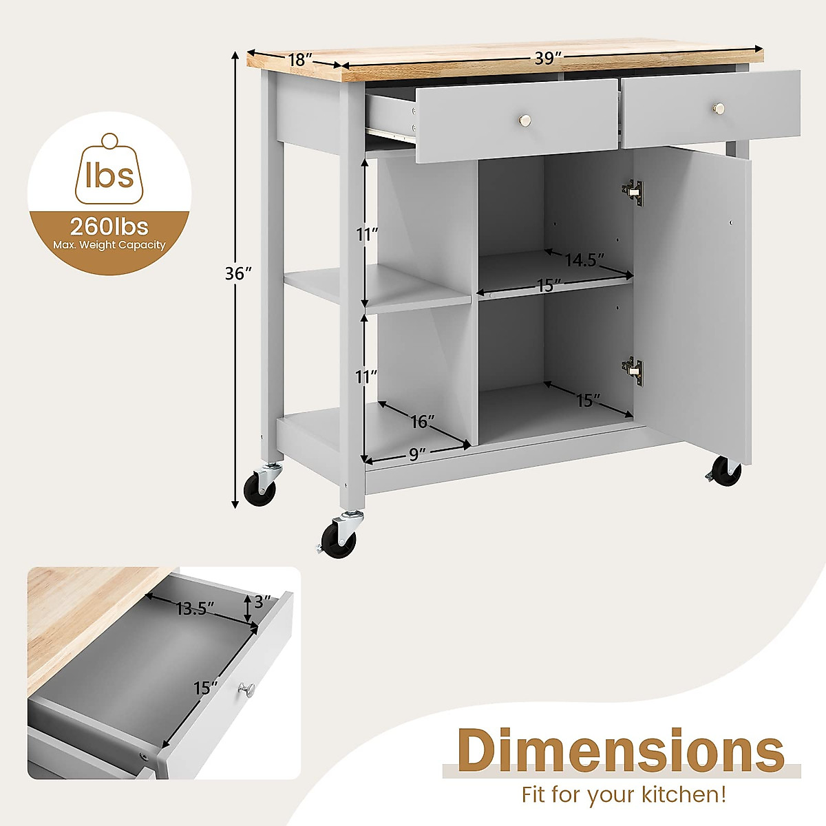 LOKO Kitchen Island on Wheels, Rolling Kitchen Serving Cart with 2 Drawers, 4 Open Shelves & Adjustable Shelf, 3-Tier Kitchen Cart with Rubber Wood Top for Home Kitchen & Coffee Bar, Grey