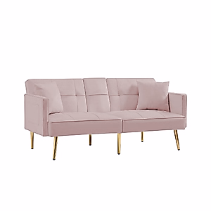 P PURLOVE Convertible Futon Sofa Bed for Living Room, Velvet Sofa Bed with Storage Pocket and 2 Pillows, Sleeper Sofa Couch with Adjustable Back for Office, Bedroom, Pink