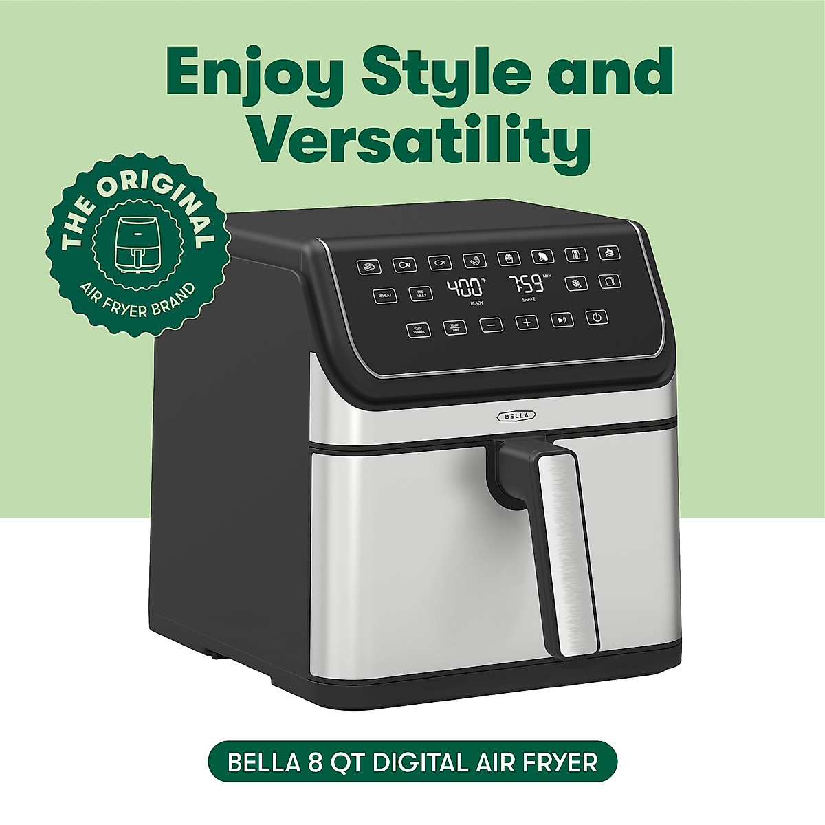 bella 8 Qt Digital Air Fryer with TurboCrisp Technology, Large Family Size Nonstick Cooking Basket and Crisping Tray, Multiple Preset Functions, Auto Shutoff, Stainless Steel, 1750 Watt